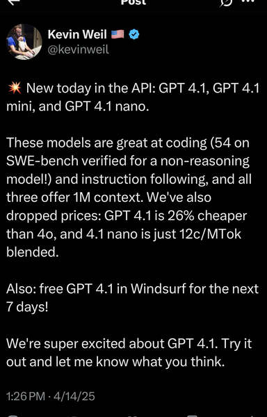 PKs Powerfromspace1: "💥 New today in the API: GPT 4.1, GPT 4.1 mini, G…" - Mastodon 🐘